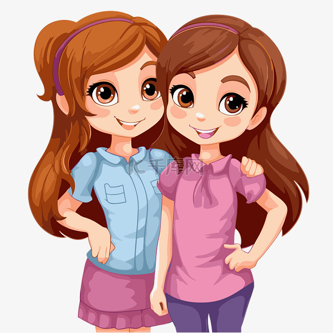 姐妹剪贴画 两个黑发头发的卡通女孩 向量素材图片免费下载-千库网