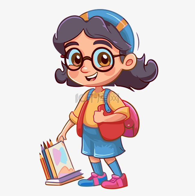 iready 剪贴画卡通女学生卡通用书和铅笔 向量素材图片免费下载-千库网