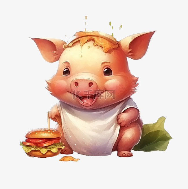 猪肉汉堡是一个水彩卡通人物素材图片免费下载-千库网