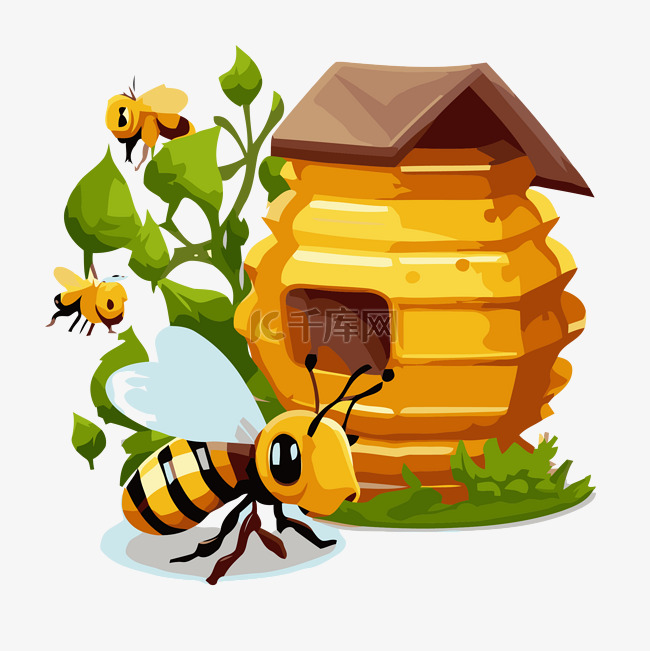 养蜂剪贴画蜜蜂靠近蜂蜜屋，周围有蜜蜂卡通 向量素材图片免费下载-千库网