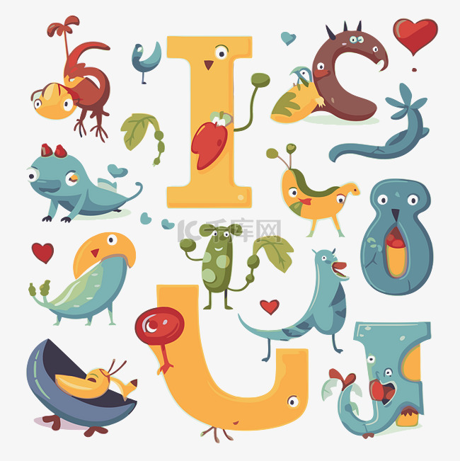 元音剪贴画卡通字母与以字母表 i 的风格绘制的动物 向量素材图片免费下载-千库网