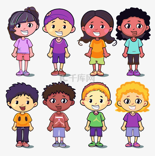 白色背景卡通片上十一个不同种族的不同孩子的剪贴画 向量素材图片免费下载-千库网