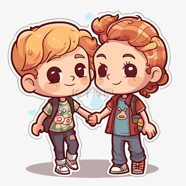 两个卡通男孩手牵着手，在一个可爱的插图剪贴画中 向量素材图片免费下载-千库网