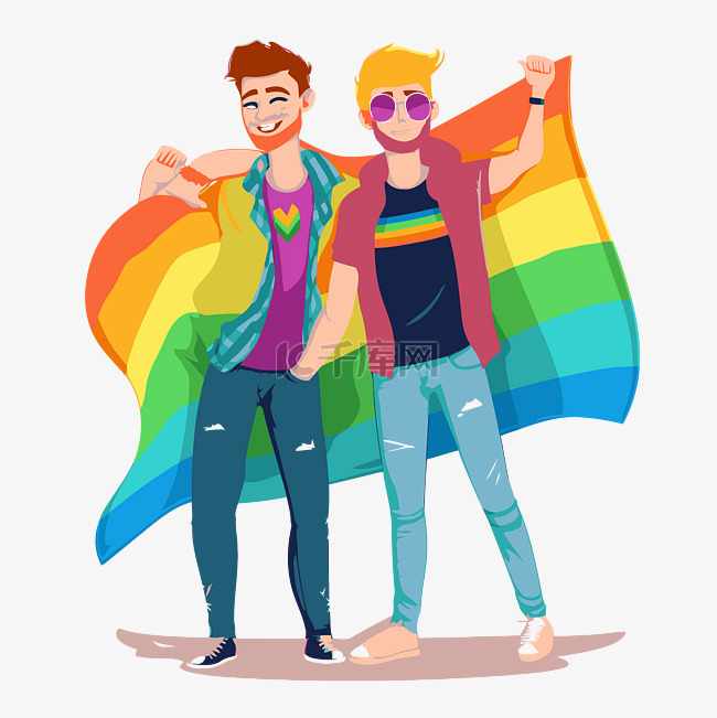同性恋骄傲剪贴画 两个拿着彩虹旗的男同性恋者在他们的怀里卡通 向量素材图片免费下载-千库网