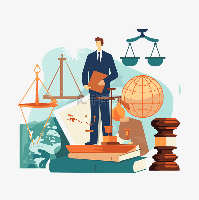 立法剪贴画卡通律师站在书本上，周围环绕着正义的象征矢量图素材图片免费下载-千库网