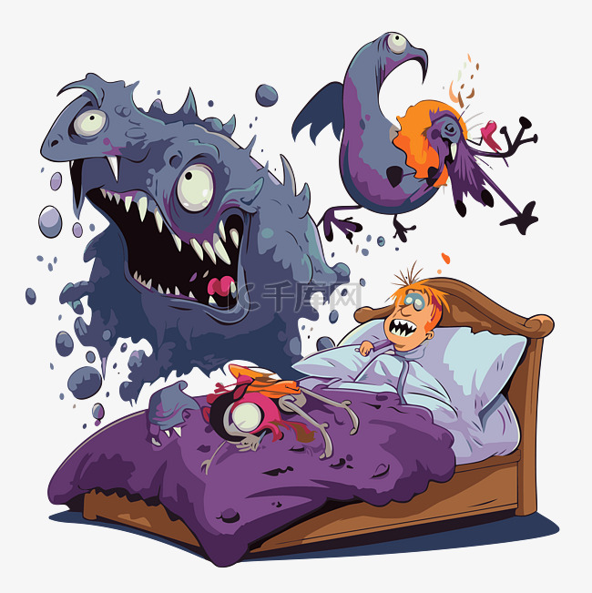 噩梦剪贴画怪物卡通插图孩子们在床上尖叫 向量素材图片免费下载-千库网