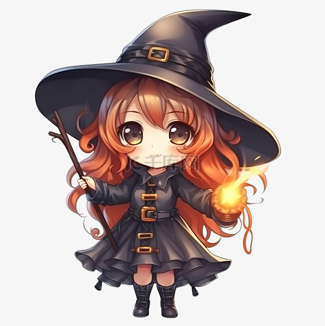万圣节赤壁女巫巫术拿着她的魔杖，表情快乐的插图素材图片免费下载-千库网