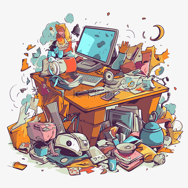 杂乱的剪贴画插画家，描绘了一个凌乱的工作空间，在顶部卡通片的不同杂乱下使用笔记本电脑 向量素材图片免费下载-千库网