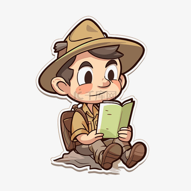 卡通探险家拿着一本书 向量素材图片免费下载-千库网