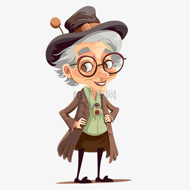 老太太剪贴画卡通女老人戴着眼镜和帽子站着 向量素材图片免费下载-千库网