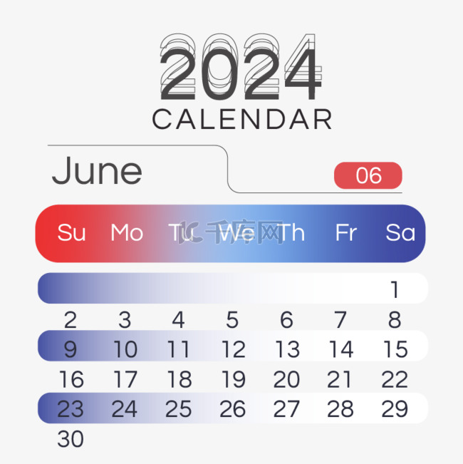 2024月份日历六月简约渐变素材图片免费下载-千库网