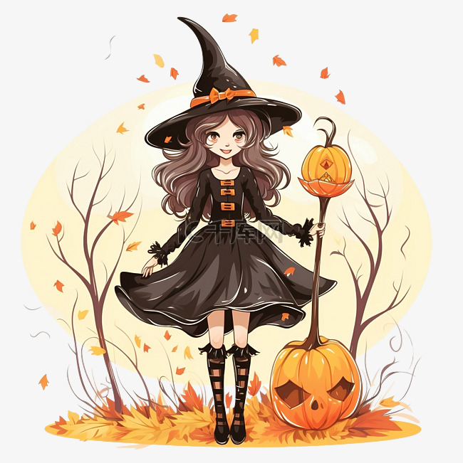 秋季公园万圣节穿着女巫服装拿着魔杖的女孩素材图片免费下载 千库网