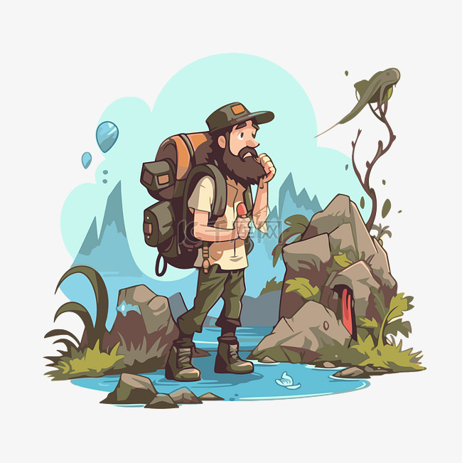 丢失的剪贴画卡通胡子探险家背着背包 向量素材图片免费下载-千库网