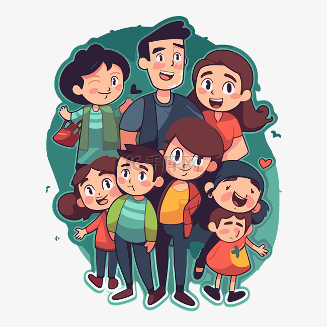 六口之家的孩子们家庭卡通画剪贴画 向量素材图片免费下载-千库网