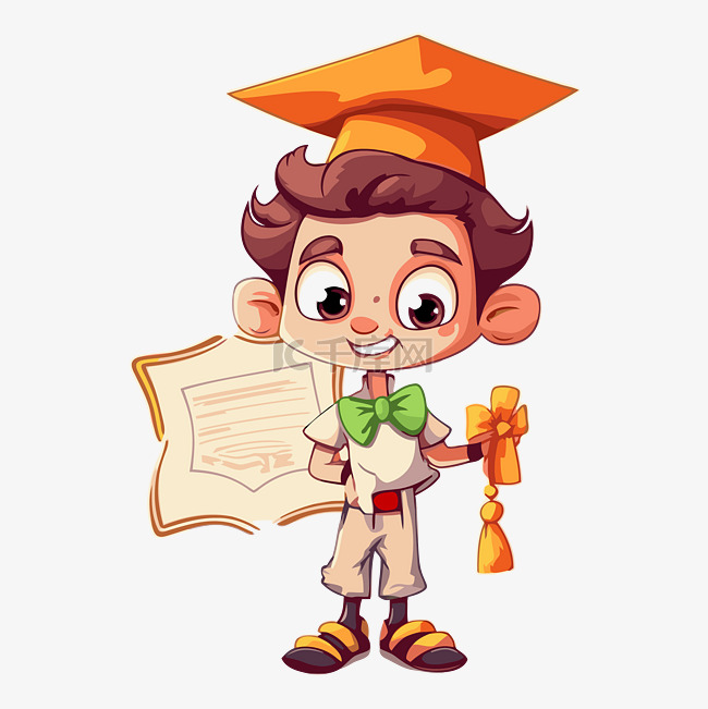 证书剪贴画卡通男孩卡通卡通快乐的孩子人物毕业毕业生矢量插图素材图片免费下载-千库网
