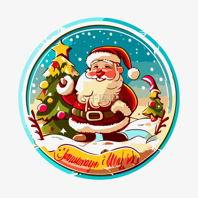 圣诞老人和圣诞树上的圣诞圆形徽章股票矢量剪贴画素材图片免费下载-千库网