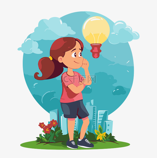 女孩思考剪贴画 小女孩思考一个带有城市天空景观卡通的灯泡 向量素材图片免费下载-千库网