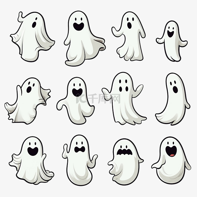 幽灵幽灵恐怖轮廓设置万圣节幽灵简单可爱和可怕幽灵有趣的怪物素材图片免费下载-千库网