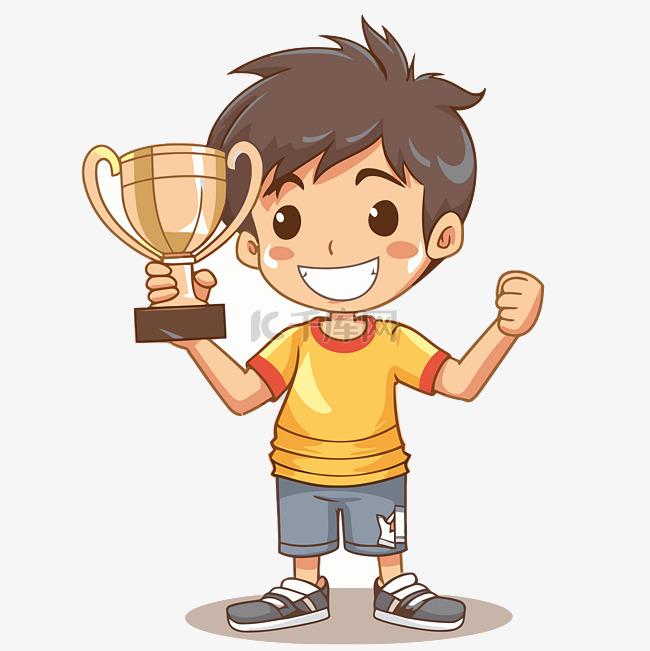 冠军剪贴画卡通男孩拿着奖杯庆祝他的胜利 向量素材图片免费下载-千库网