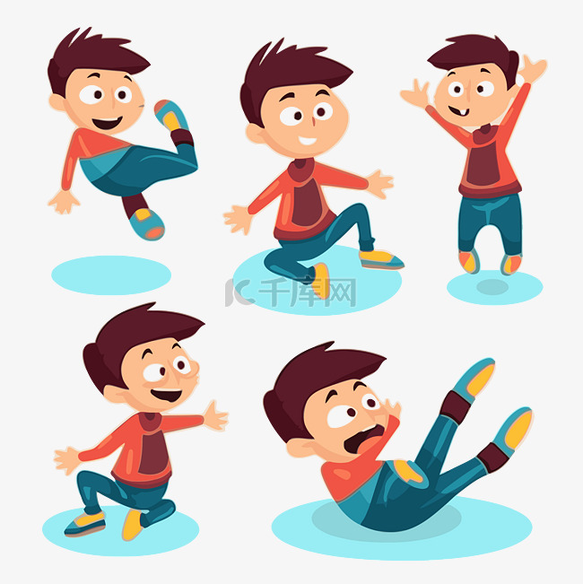 后空翻剪贴画可爱的卡通男孩执行各种动作 向量素材图片免费下载-千库网