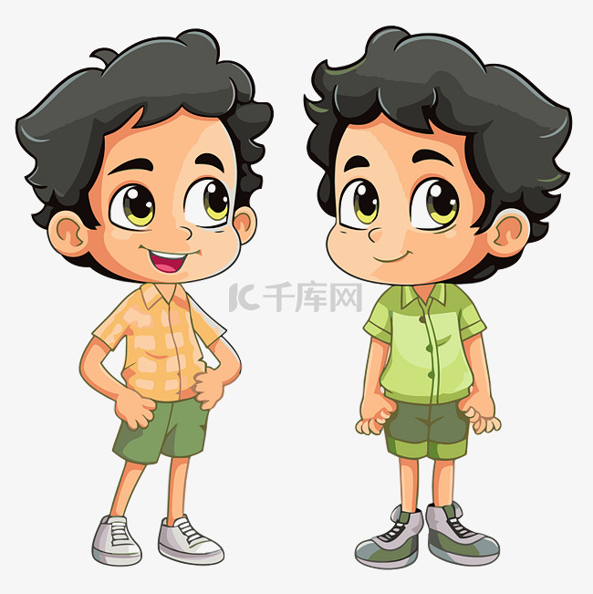在剪贴画之间有两个卡通男孩插图，其中一个站着 向量素材图片免费下载-千库网