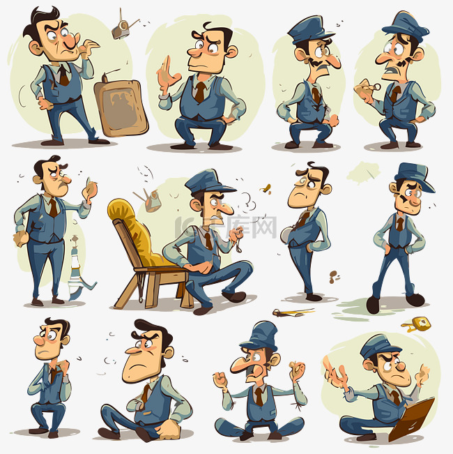不同姿势的邮递员的选项剪贴画复古卡通 向量素材图片免费下载-千库网