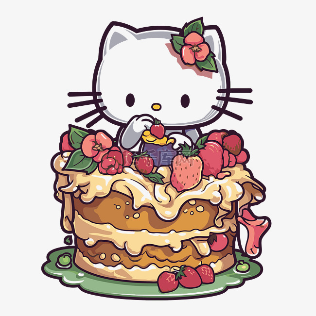 hello kitty 上面有蛋糕和浆果剪贴画 向量素材图片免费下载-千库网