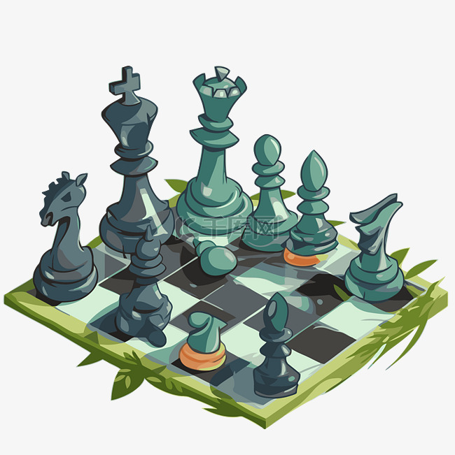 国际象棋剪贴画卡通国际象棋套装，配有棋子和叶子矢量图素材图片免费下载-千库网