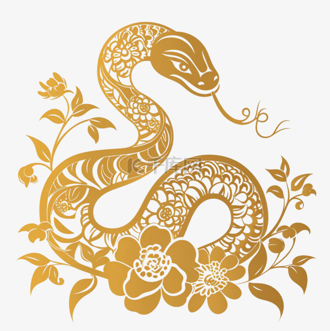 金色剪纸风传统十二生肖蛇png素材图片免费下载-千库网