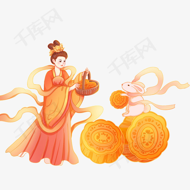 国潮风中秋节嫦娥月兔月饼场景素材图片免费下载-千库网