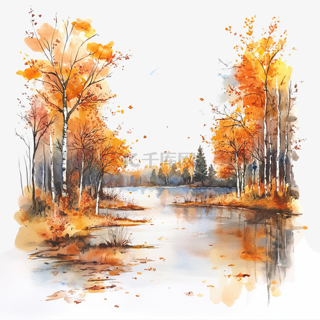 秋天风景水彩画素材图片免费下载-千库网