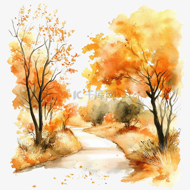秋天风景水彩画素材图片免费下载-千库网