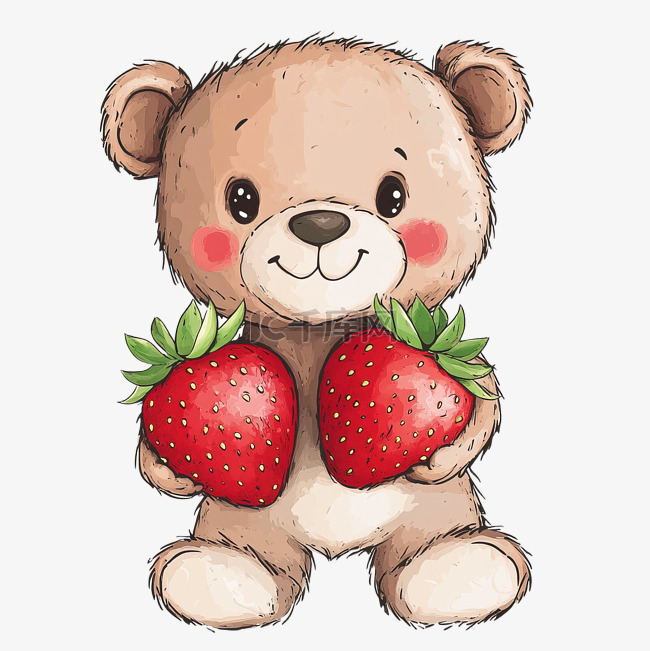 可爱的卡通草莓熊拿着两个草莓素材图片免费下载-千库网