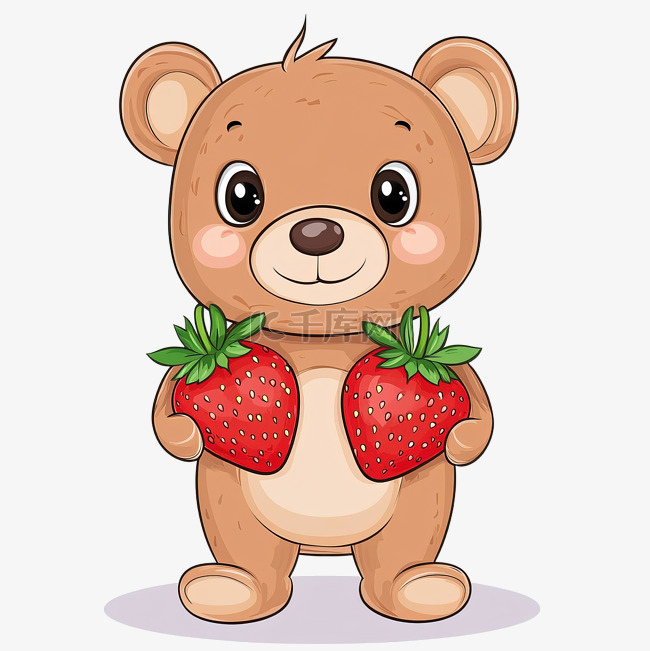 可爱的卡通草莓熊拿着两个草莓素材图片免费下载-千库网