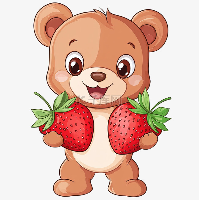 可爱的卡通草莓熊拿着两个草莓素材图片免费下载-千库网