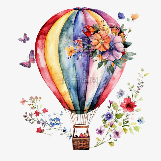 彩色热气球鲜花水彩画素材图片免费下载-千库网
