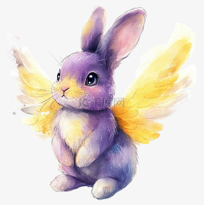 可爱的紫色和黄色兔子带有水彩风格的翅膀素材图片免费下载-千库网