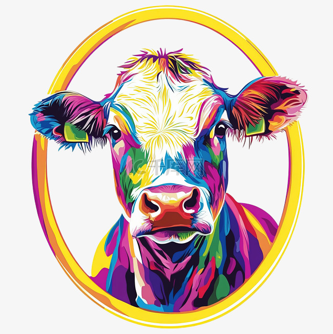 椭圆形框架中的彩色牛素材图片免费下载-千库网