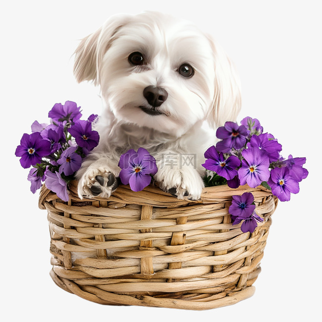 带紫色花朵装饰篮子里的白狗素材图片免费下载-千库网
