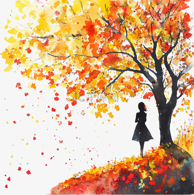 彩色水彩画与女人和秋天的树木素材图片免费下载-千库网