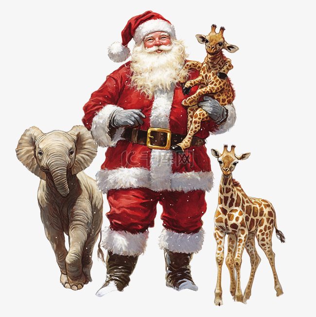 圣诞老人与大象和长颈鹿素材图片免费下载-千库网