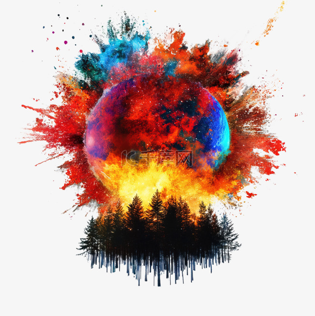 森林上空的彩色星球爆炸素材图片免费下载-千库网
