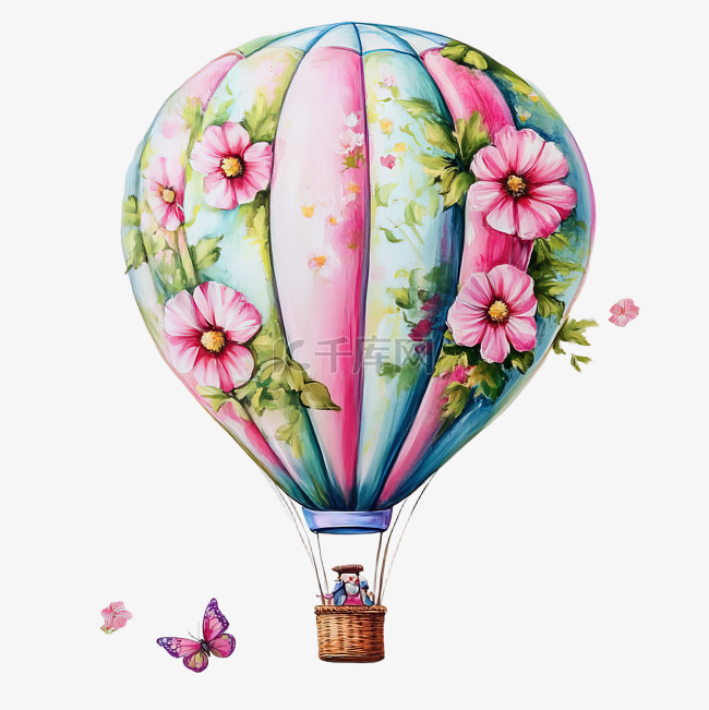 彩色热气球绘画与粉红色的花朵和蝴蝶素材图片免费下载-千库网