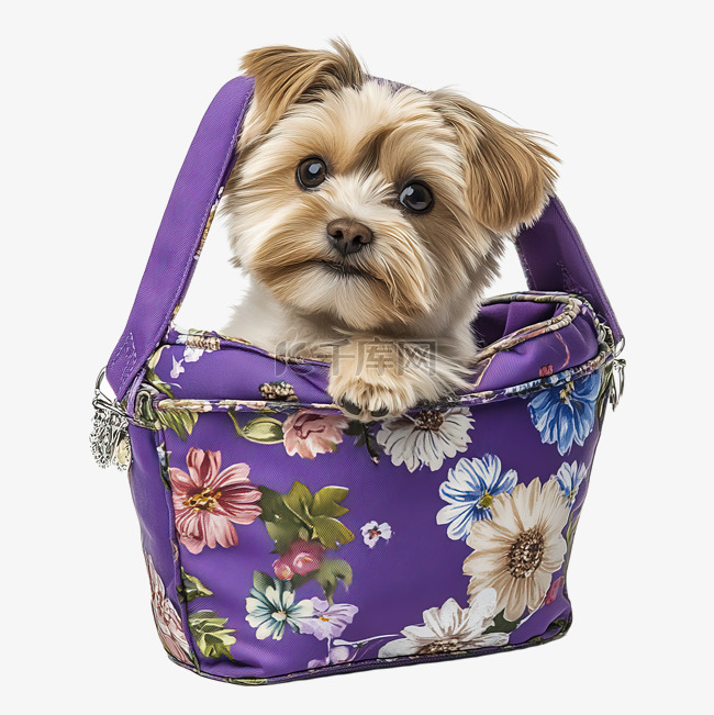 紫色花卉图案包里的可爱小狗素材图片免费下载-千库网