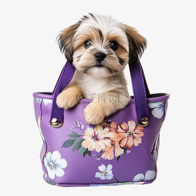 紫色花卉图案包里的可爱小狗素材图片免费下载-千库网