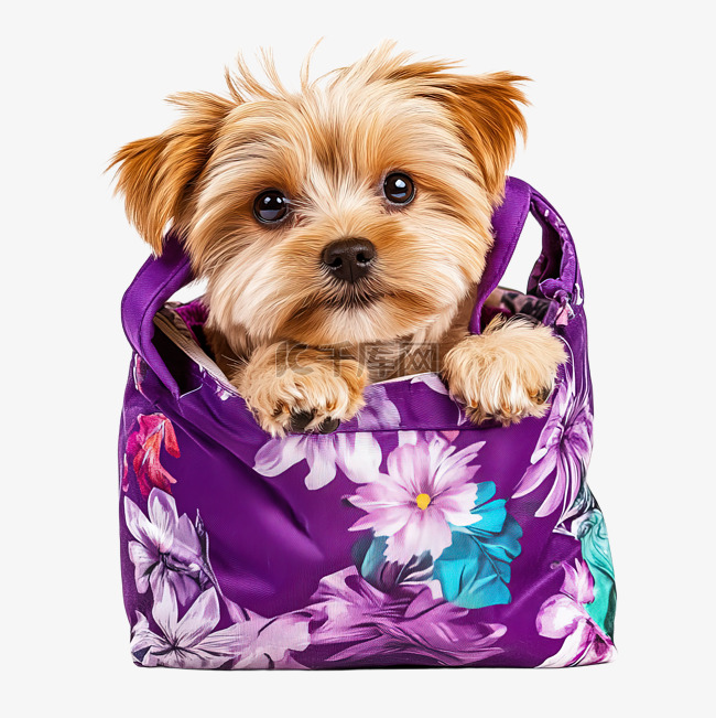 紫色花卉图案包里的可爱小狗素材图片免费下载-千库网