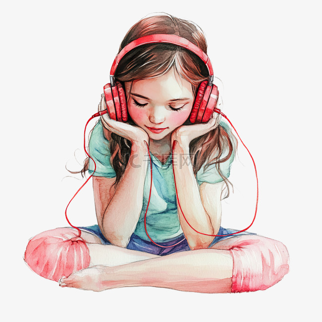 一位年轻女孩戴着耳机欣赏音乐的插图素材图片免费下载-千库网
