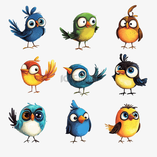 眼睛大小各异的卡通鸟素材图片免费下载-千库网