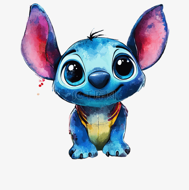 可爱的史迪奇卡通人物与彩色水彩脸素材图片免费下载-千库网