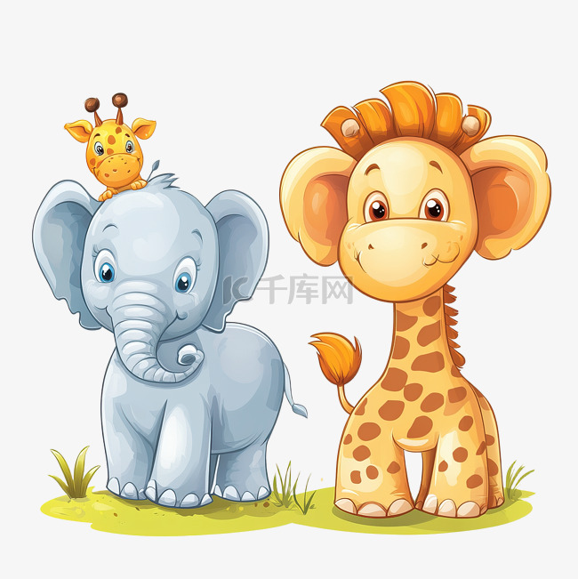有趣的动物动画片狮子大象和长颈鹿素材图片免费下载-千库网